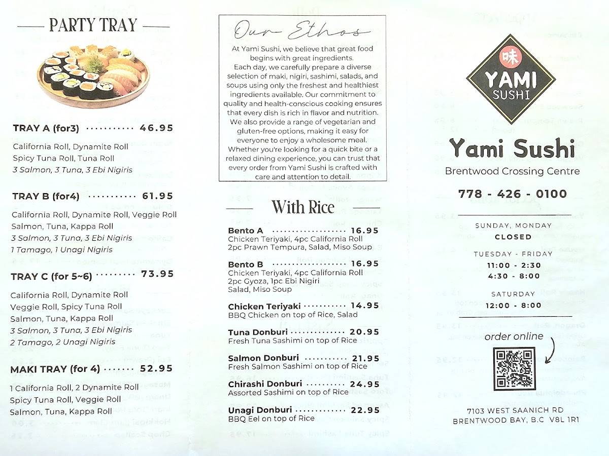 Menu at Yami Sushi restaurant, Brentwood Bay