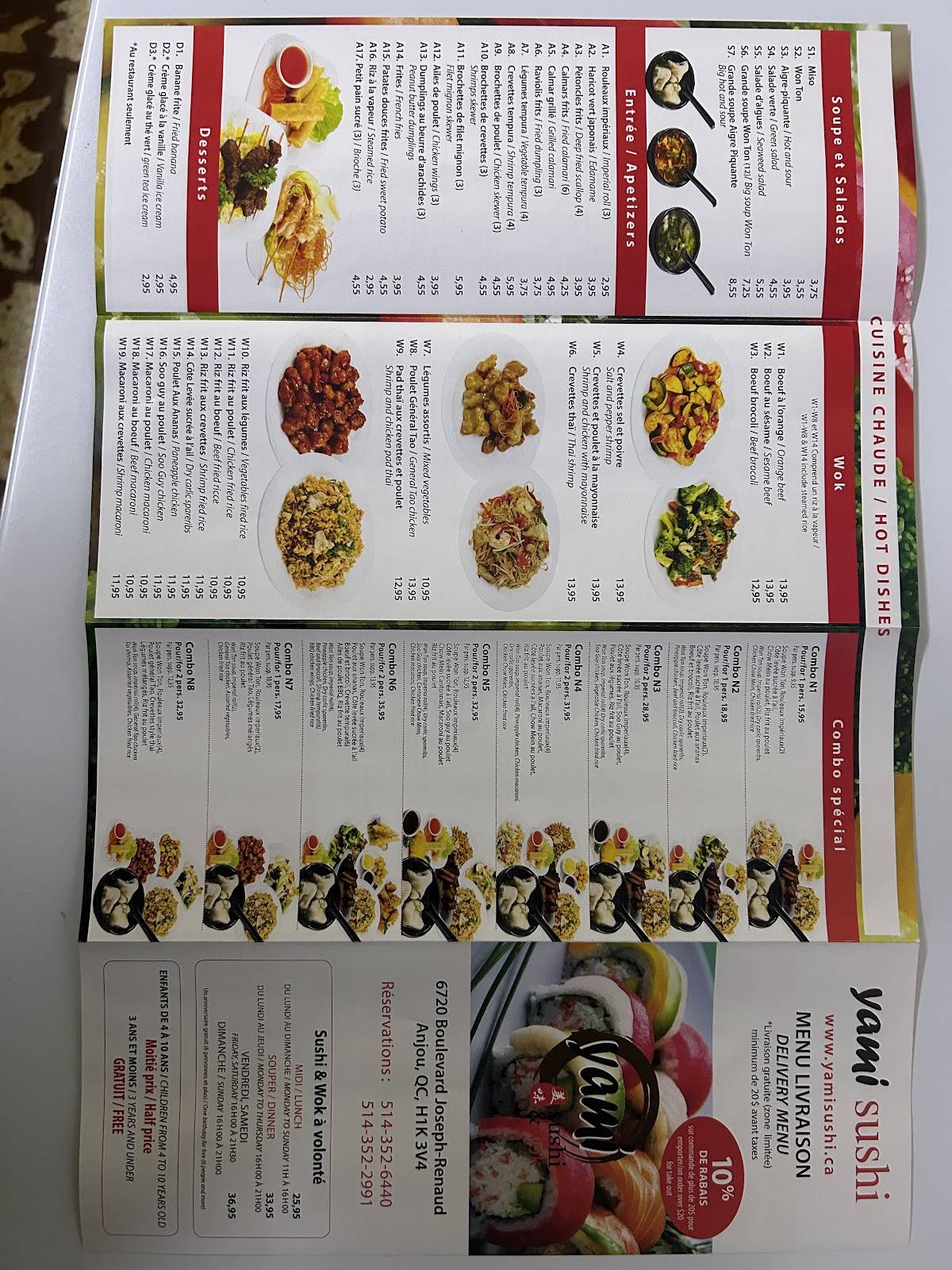 Menu au Yami Sushi restaurant, Montréal