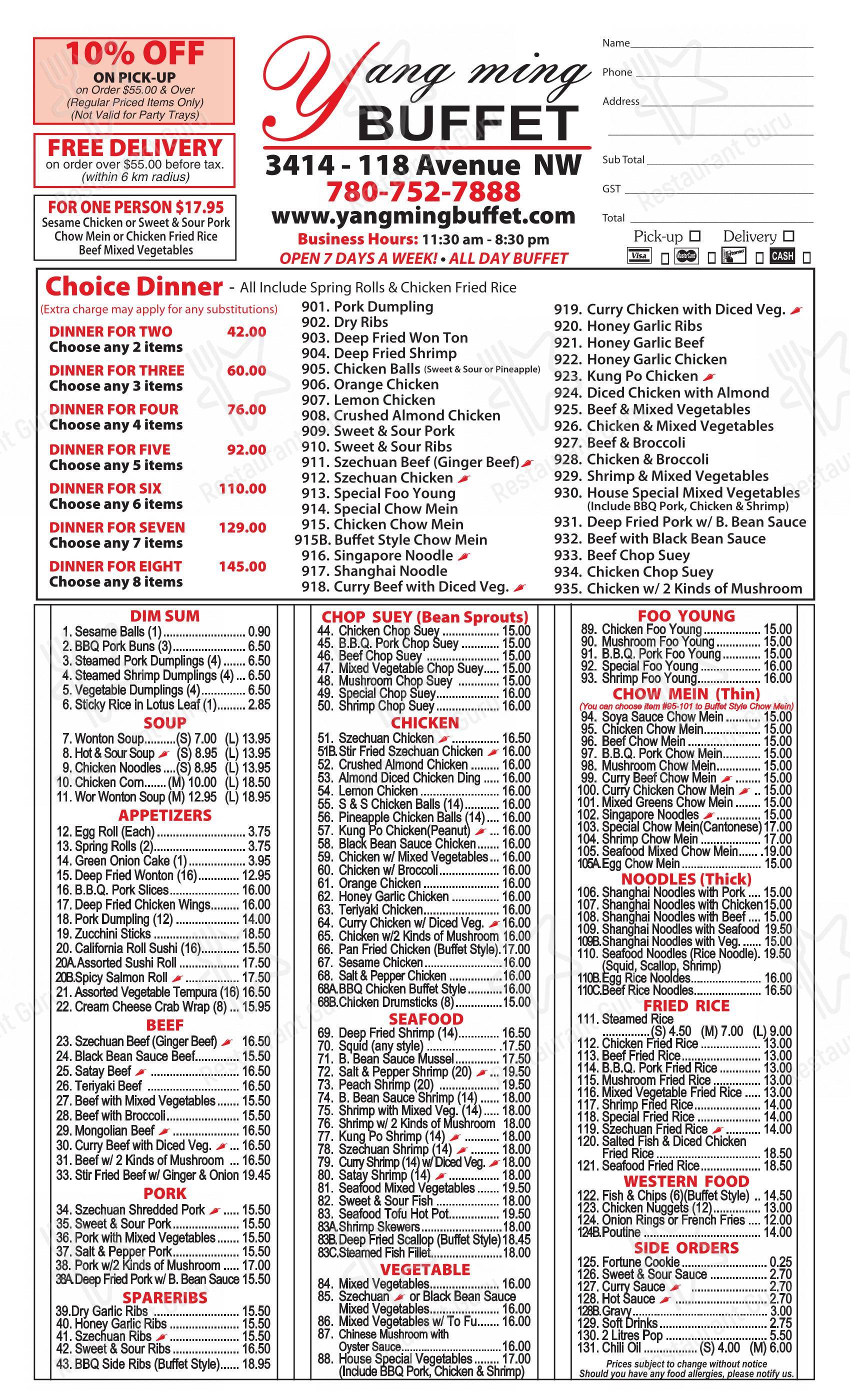 Menu at Yang Ming Buffet restaurant, Edmonton