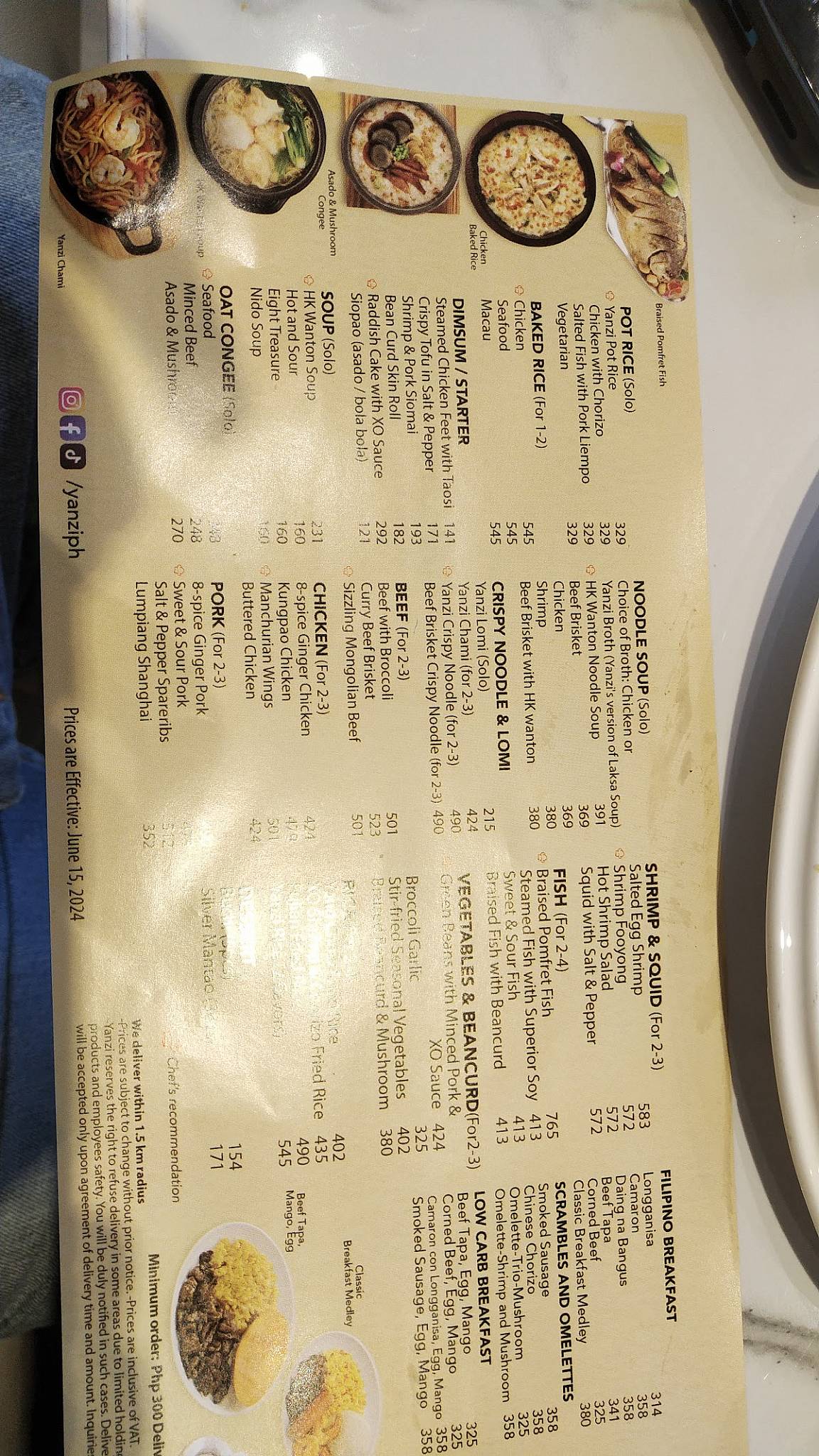 Carta del restaurante Yanzi, Ciudad Quezon