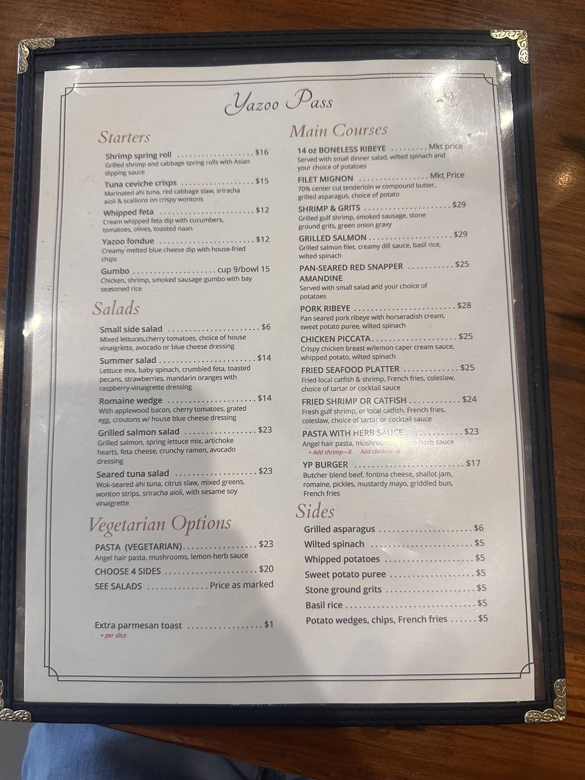 Menu at Yazoo Pass cafe, Clarksdale