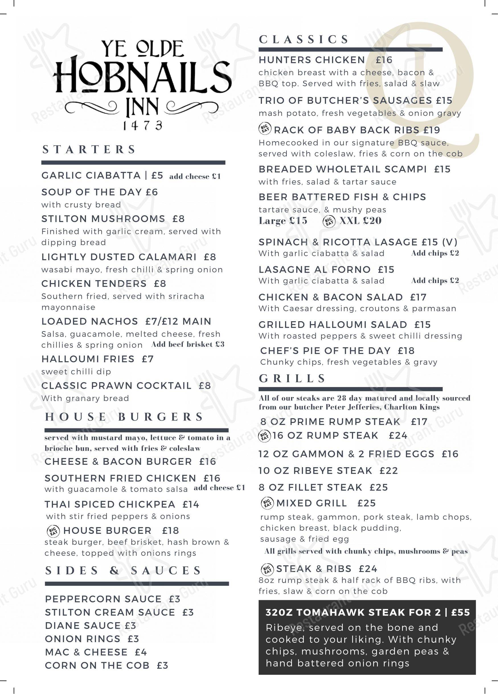 Menu at The Hobnails Inn pub & bar, Little Washbourne