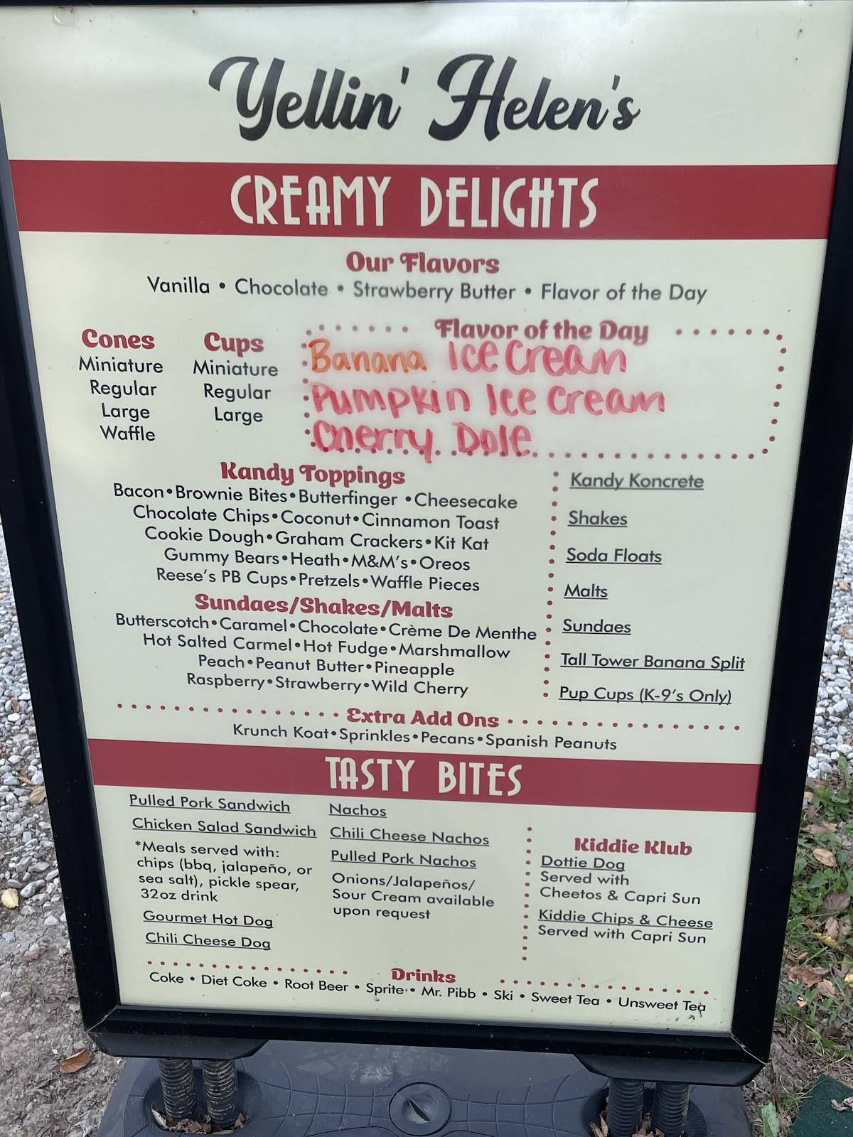 Menu at Yellin' Helen's cafe, Dix