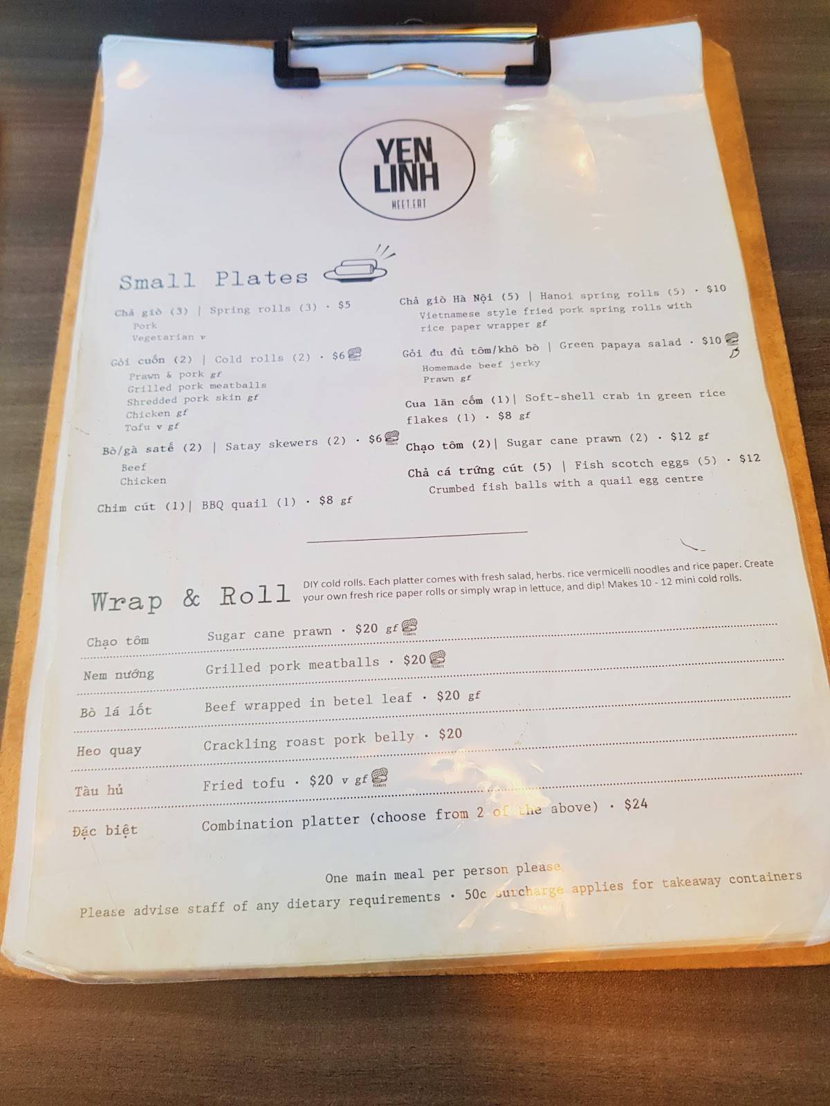 Menu at Yen Linh restaurant, Adelaide