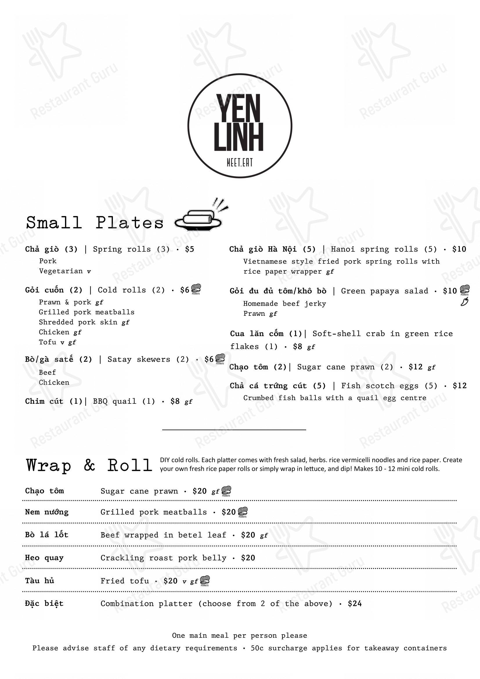 Menu at Yen Linh restaurant, Croydon Park, 131 Days Rd