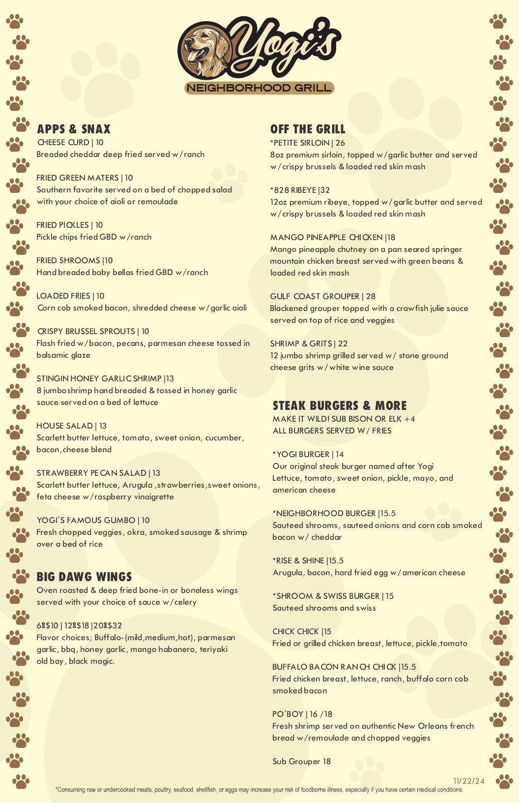 Menu at Yogi's Neighborhood Grill restaurant, Murphy