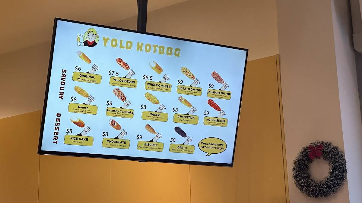 Menu at Yolo Cheese Hotdog restaurant, Christchurch