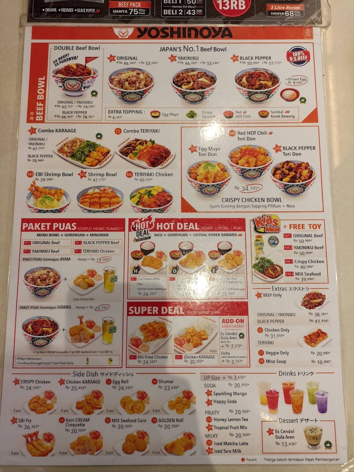 Menu at Yoshinoya Lotte Mall restaurant, South Jakarta