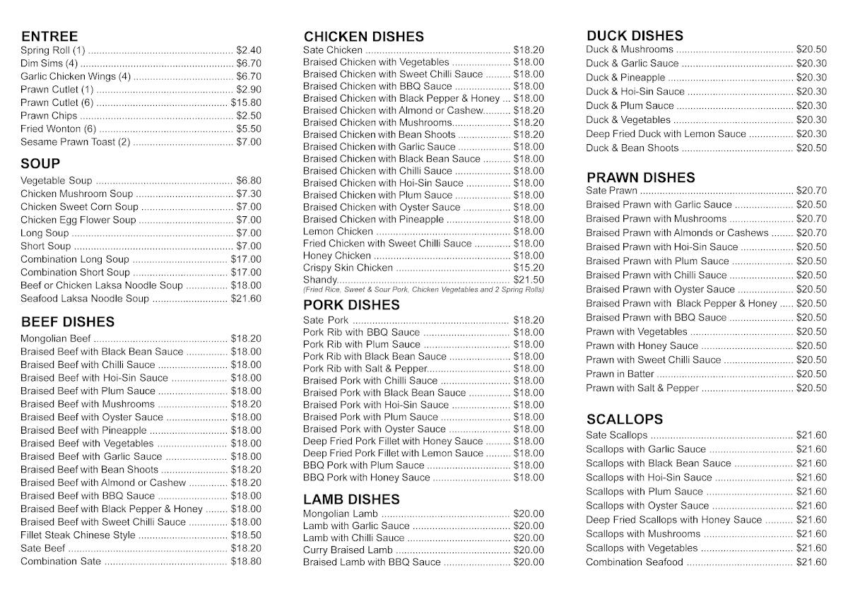 Menu at Young's Cafe Chinese Restaurant, Springwood