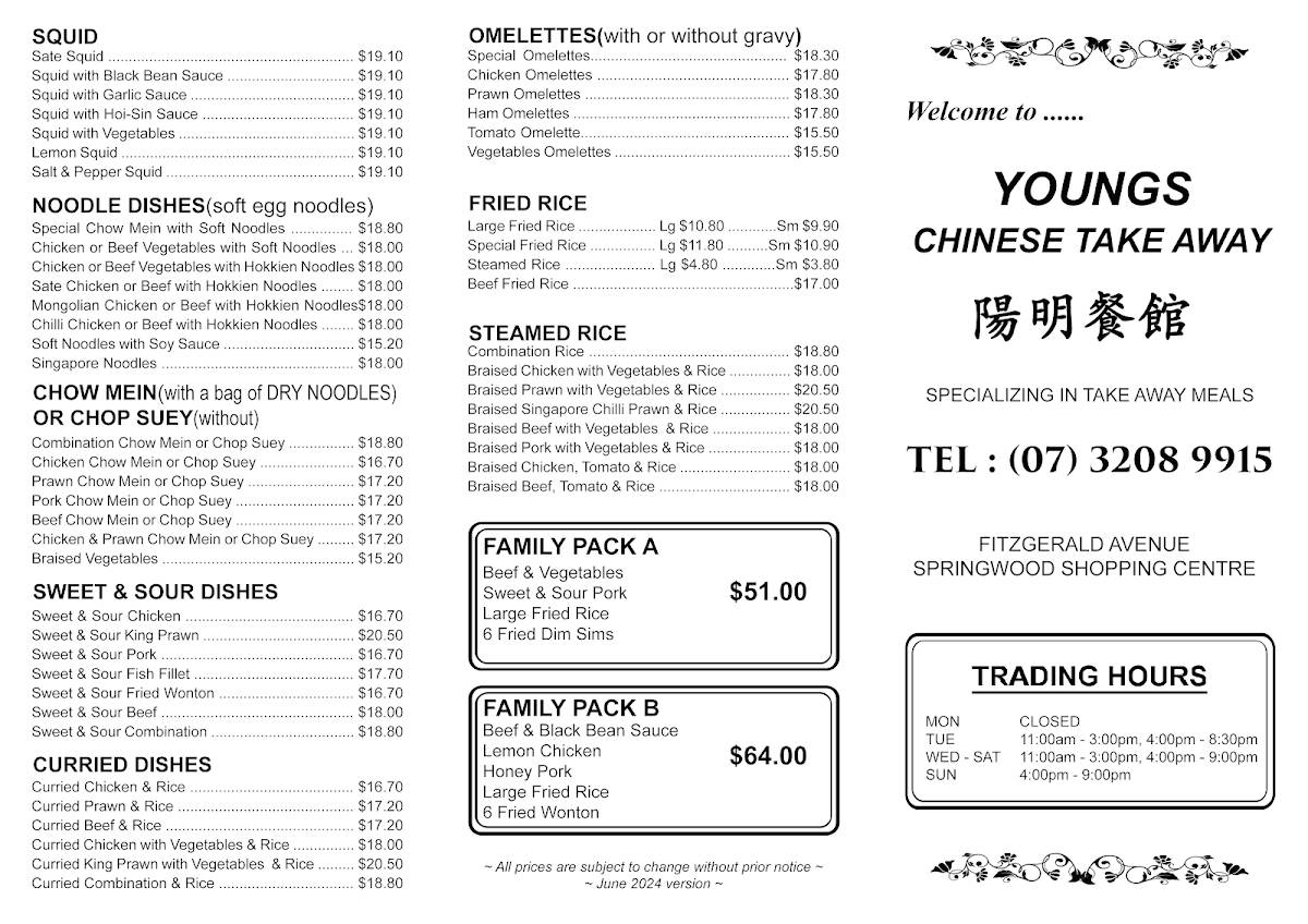 Menu at Young's Cafe Chinese Restaurant, Springwood