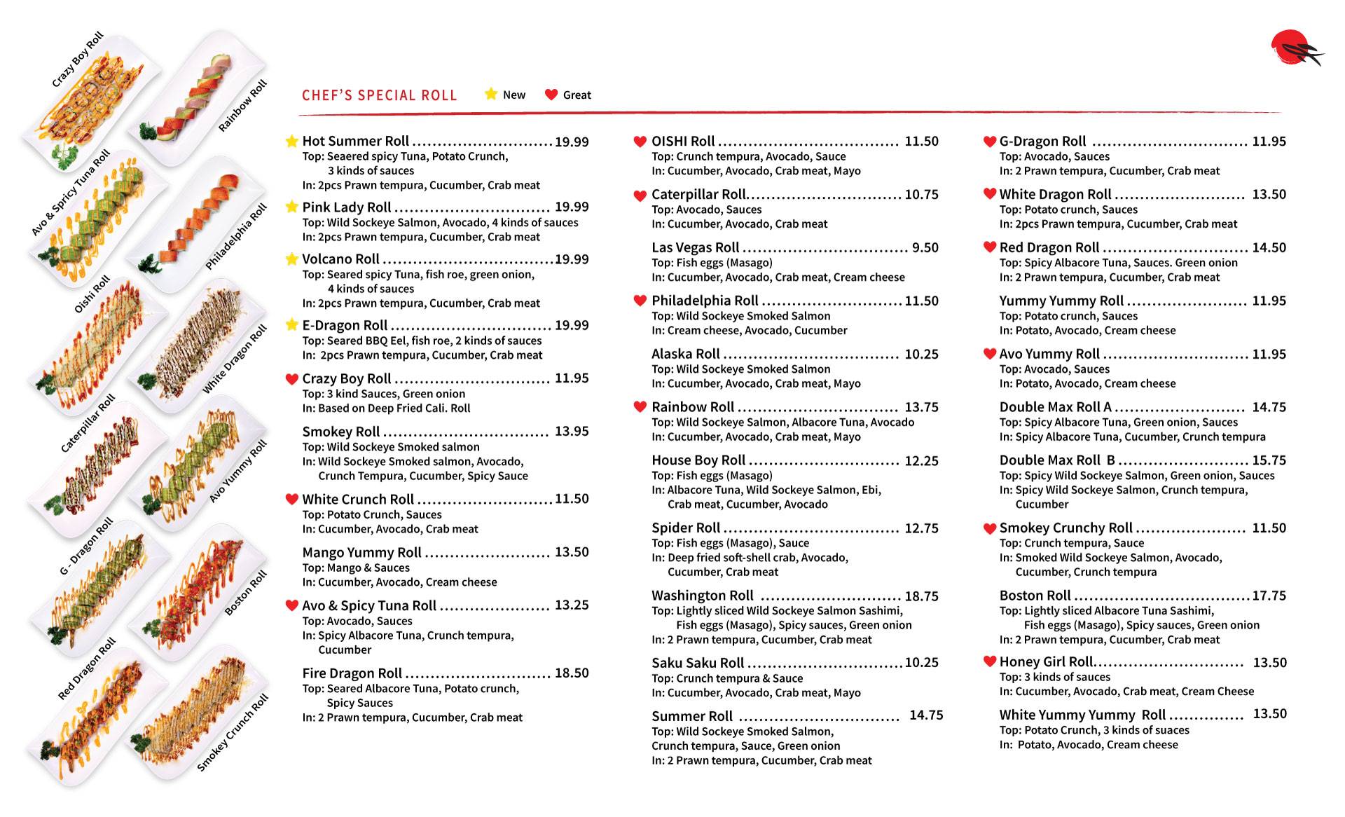 Menu at Yuki Sushi restaurant, Lumby