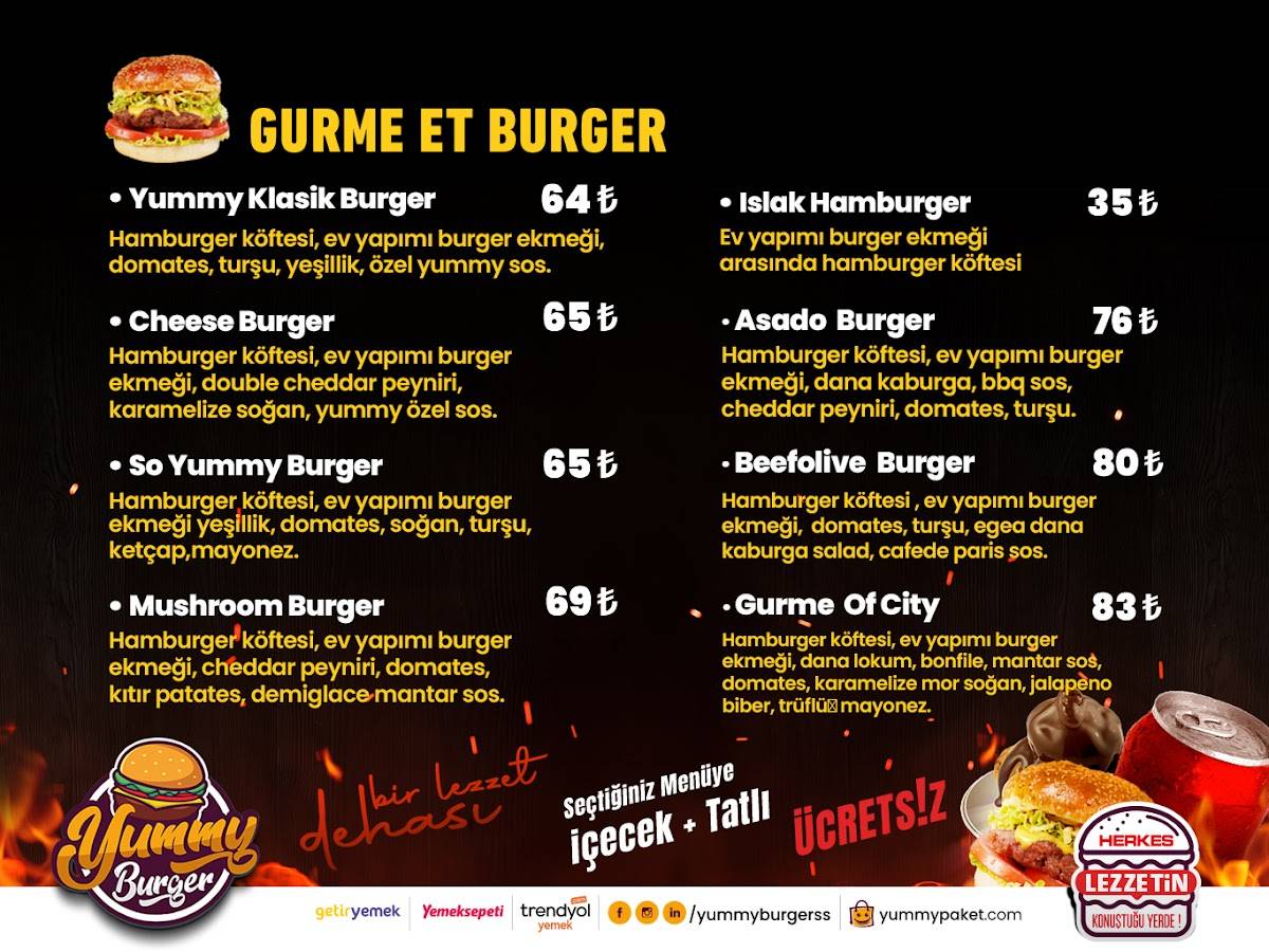 Menu at Yummy Burger Çaykara, Erzurum