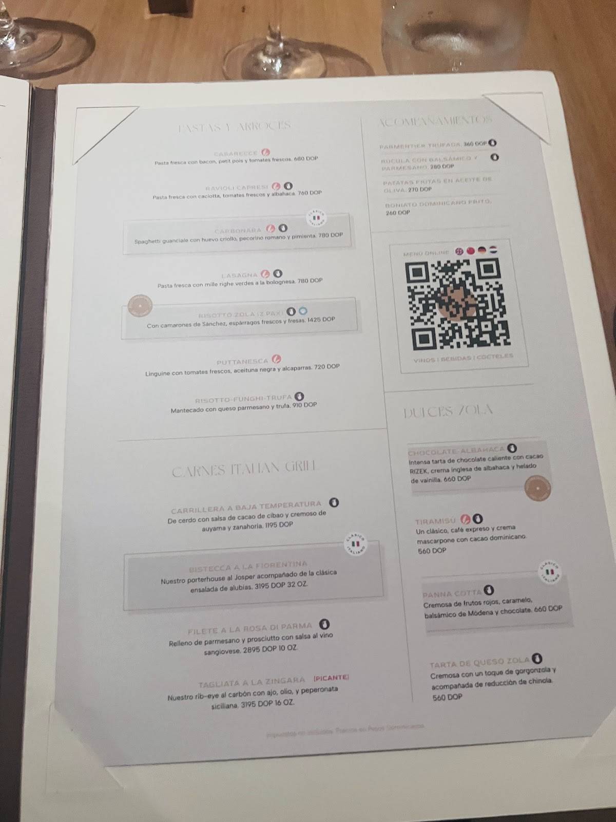 Menu at ZOLA restaurant, Santo Domingo