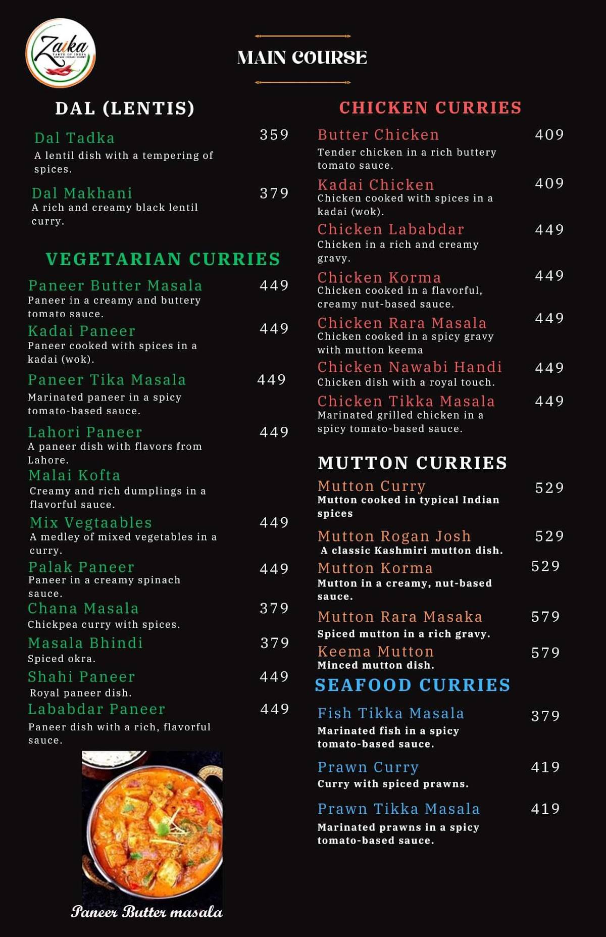 Menu at Zaika Restaurant, Santo Tomas