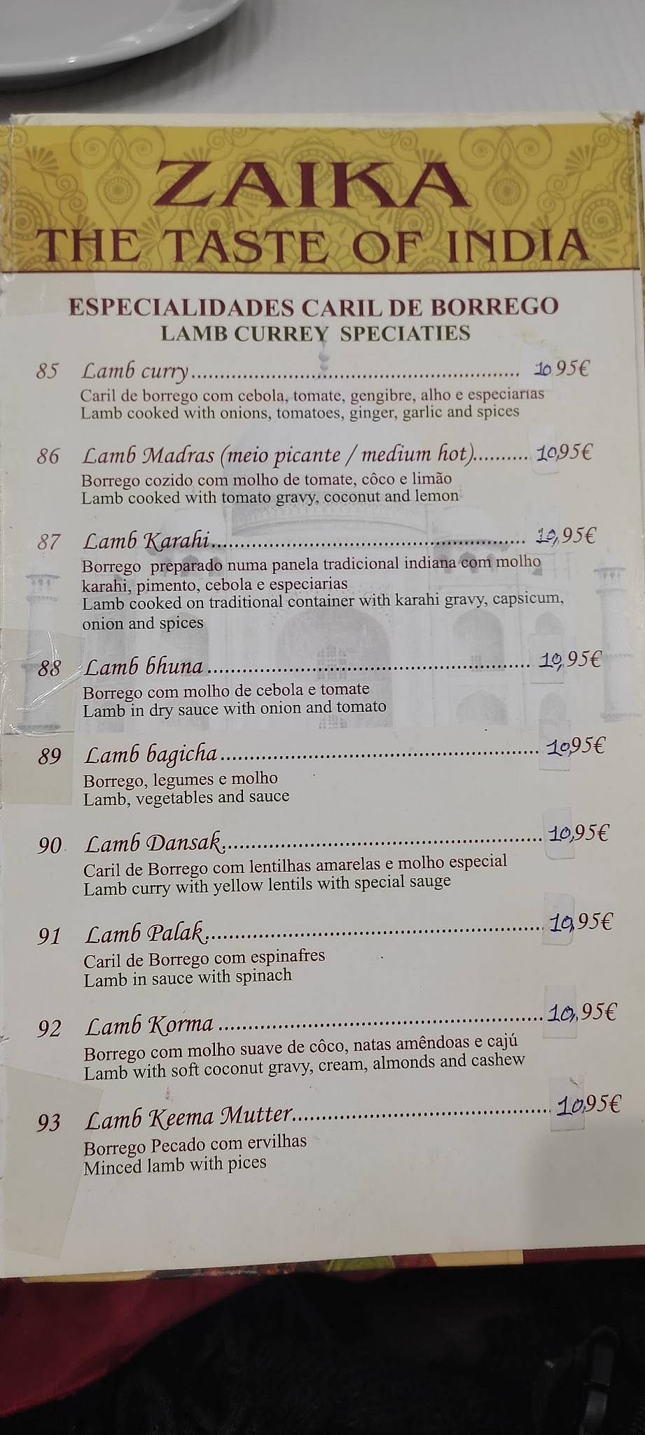 Menu em Zaika-The Taste of India restaurante, Lisboa