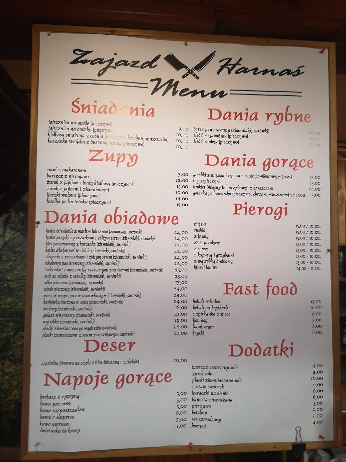 Menu at Zajazd Harnaś restaurant, Poland