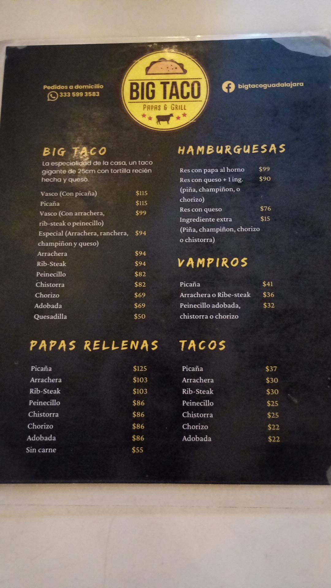 Carta del restaurante Big Taco, Zapopan