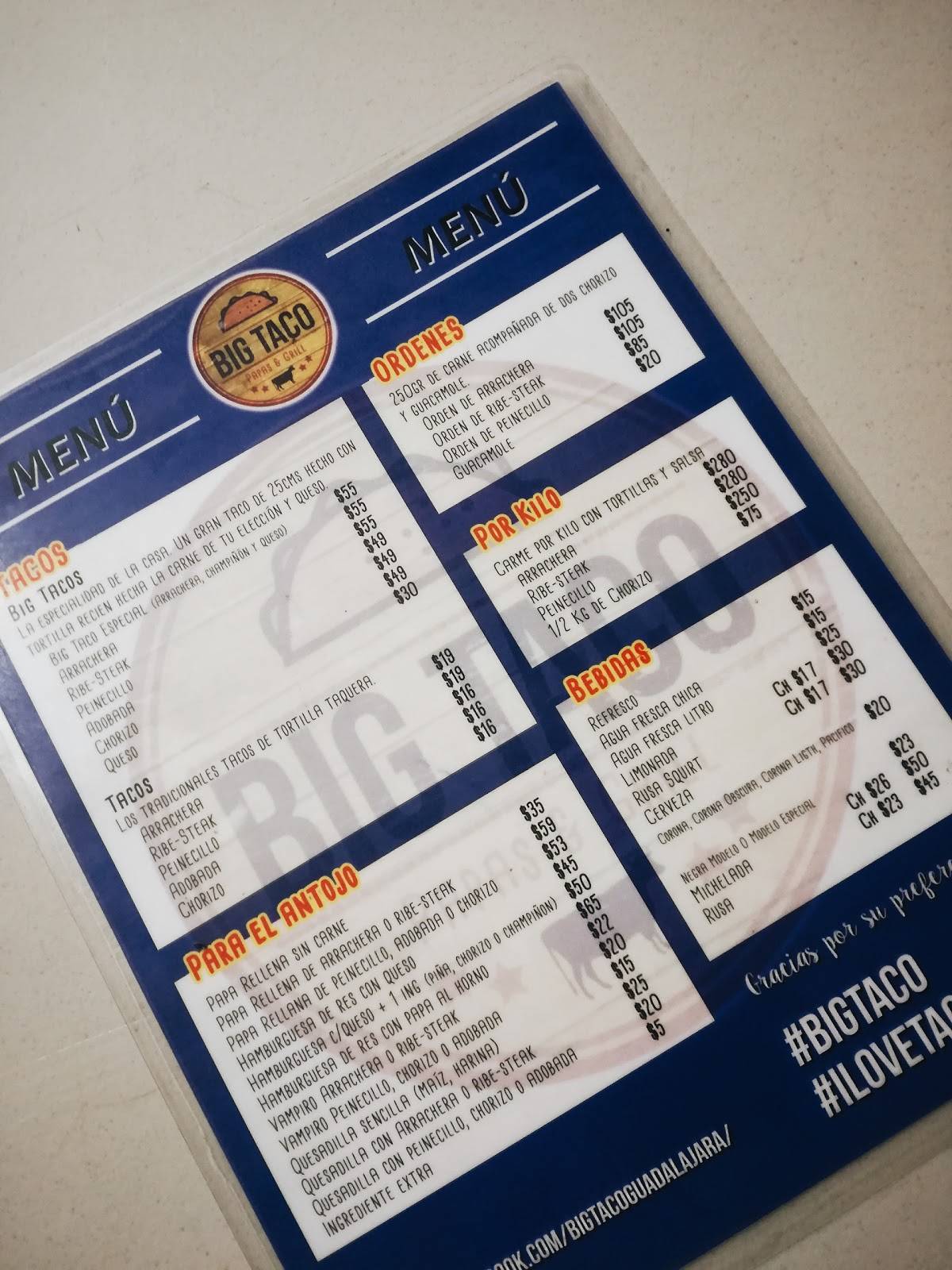 Menu at Big Taco restaurant, Guadalajara