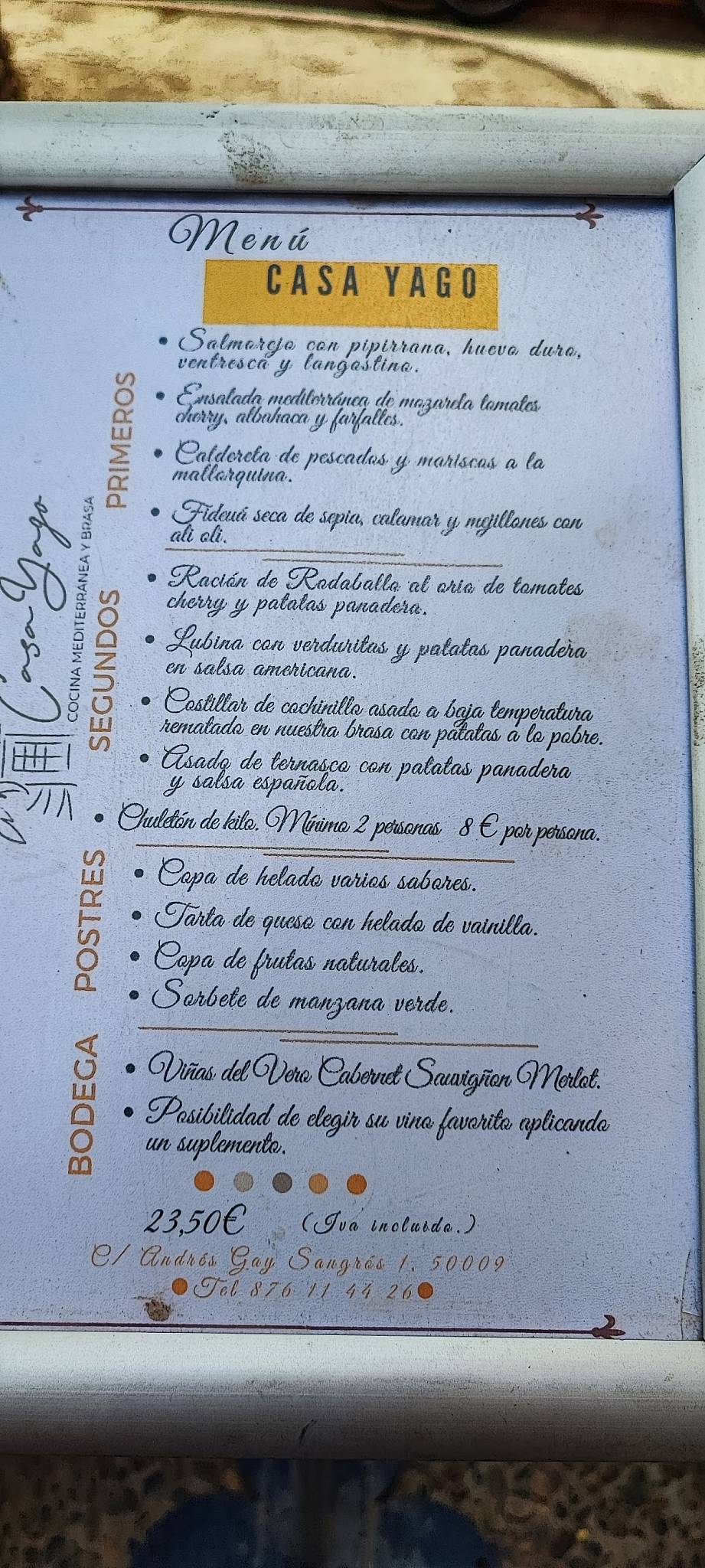 Carta del restaurante Casa Yago, Zaragoza
