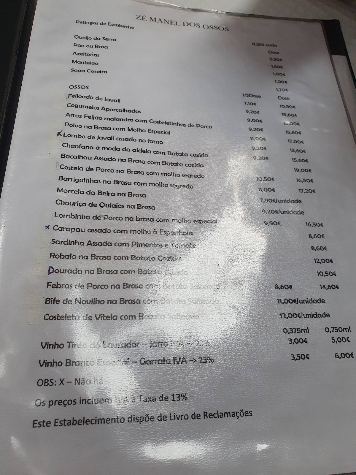 Menu at Restaurante Zé Manel dos Ossos, Coimbra
