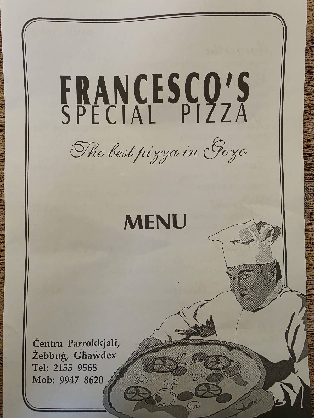 Menu at Francesco's restaurant, Żebbuġ