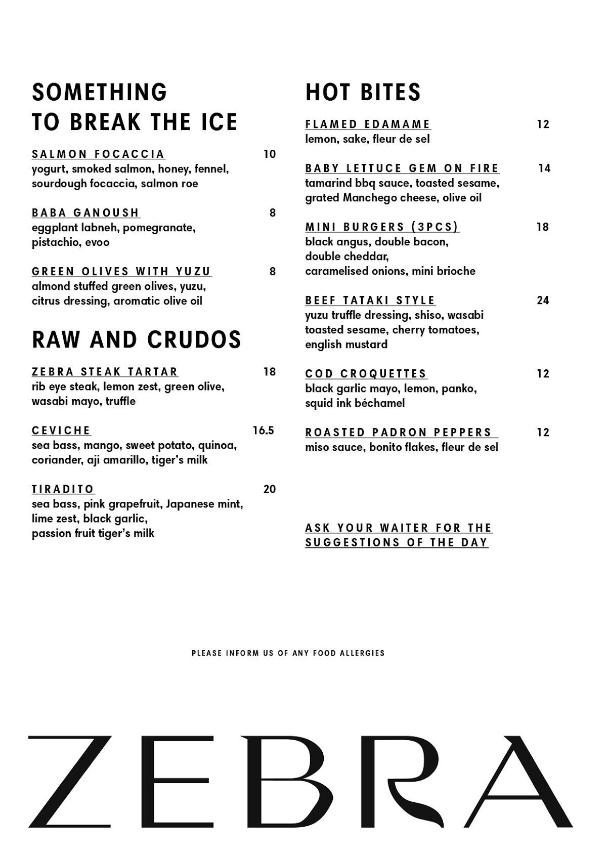 Zebra Bar Menu Zebra Bar London, United Kingdom Last Updated April