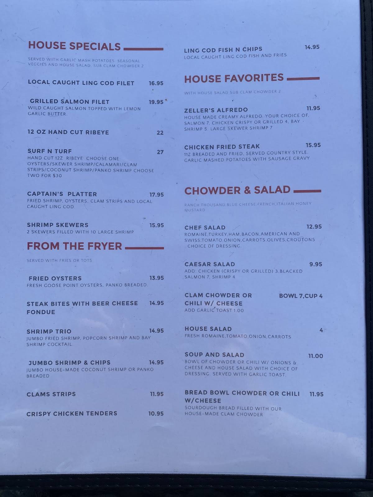 Menu at Zeller’s Riverside Bar & Grill, Rose Lodge