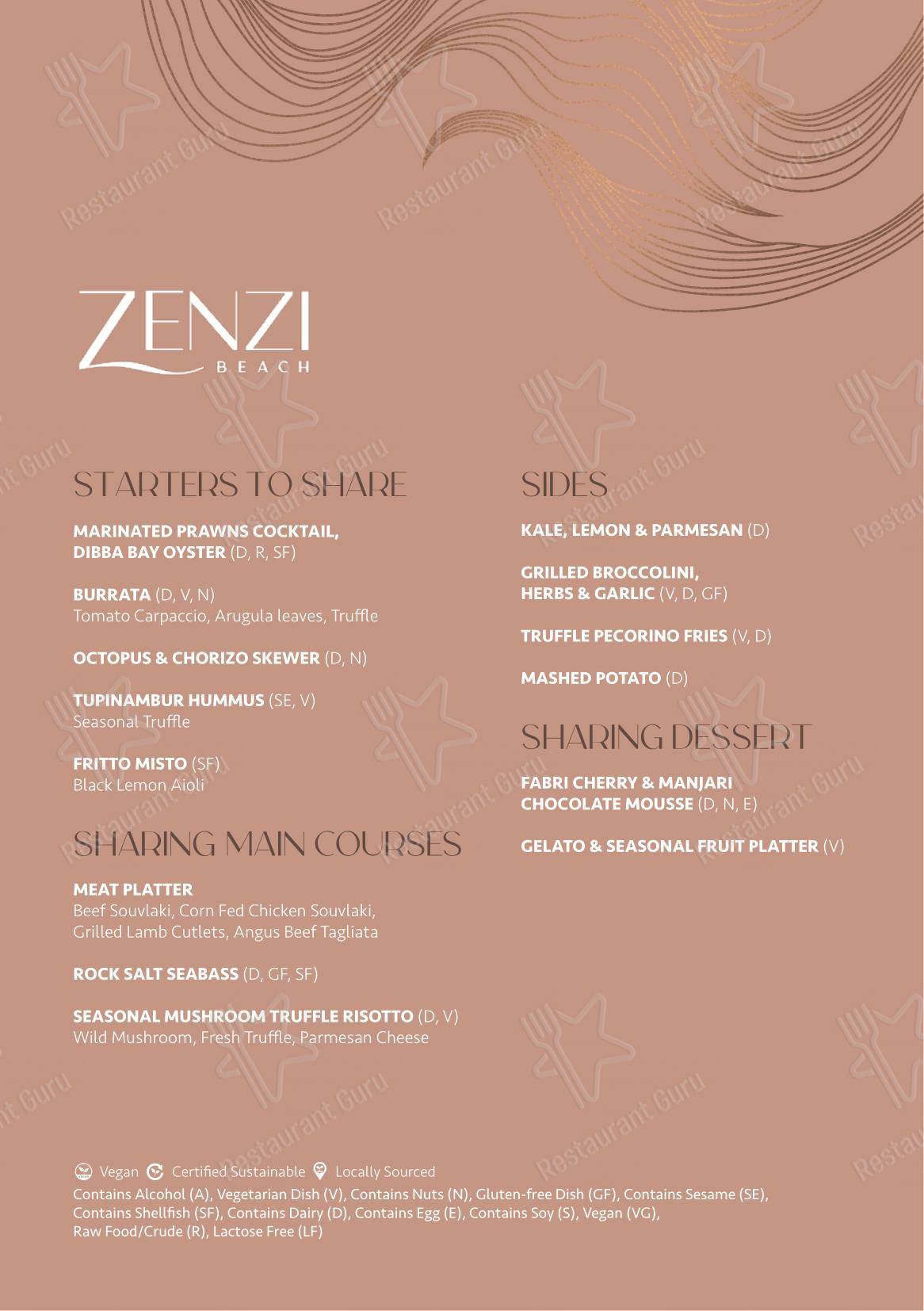 Menu at Zenzi Beach Dubai restaurant, Dubai