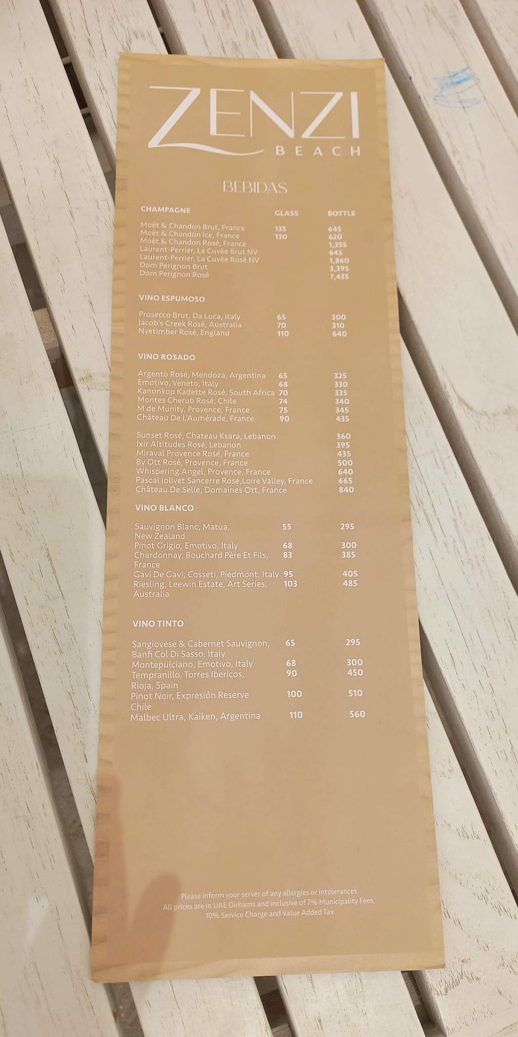 Menu at Zenzi Beach Dubai restaurant, Dubai