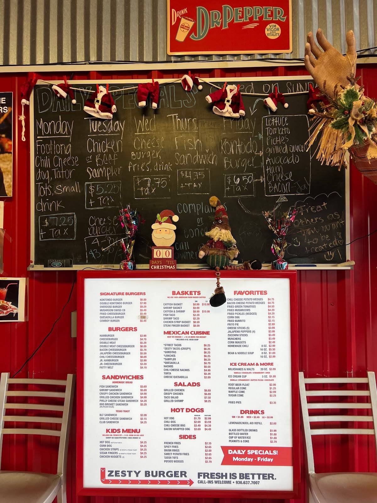 Menu at Zesty Burger fast food, Lufkin