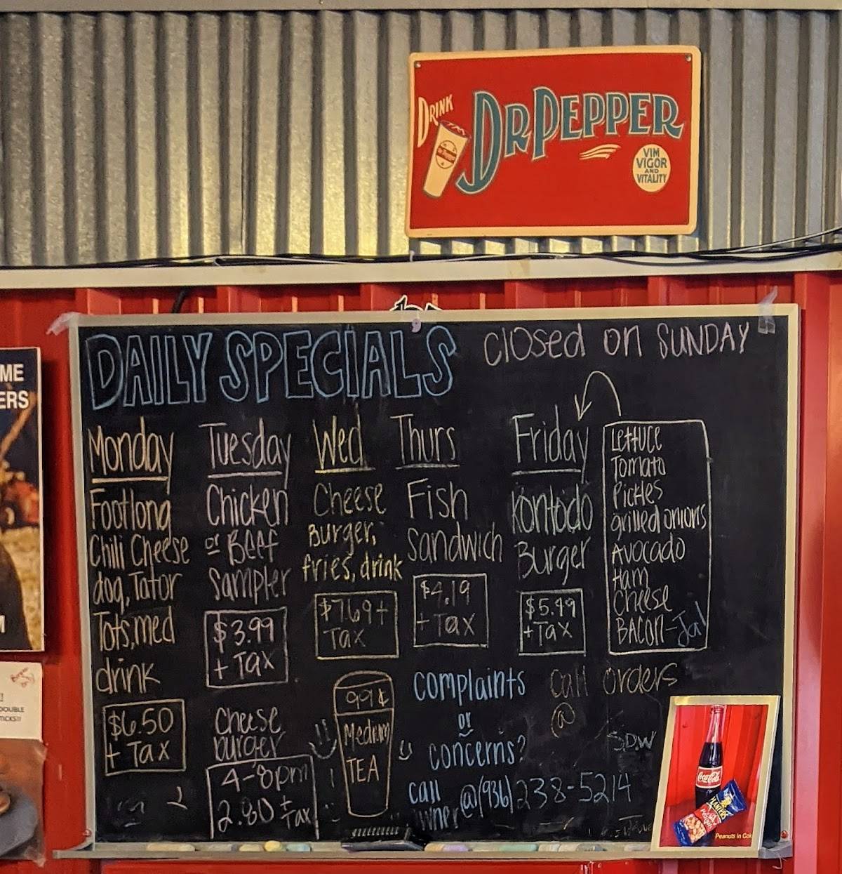 Menu at Zesty Burger fast food, Lufkin