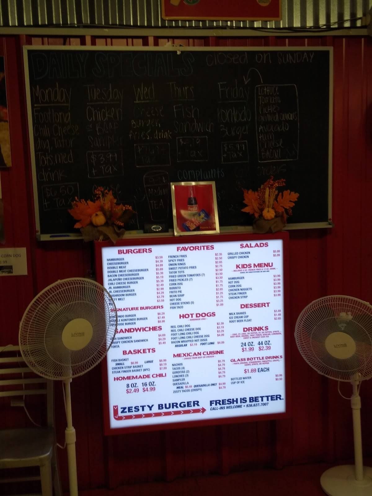 Menu at Zesty Burger fast food, Lufkin