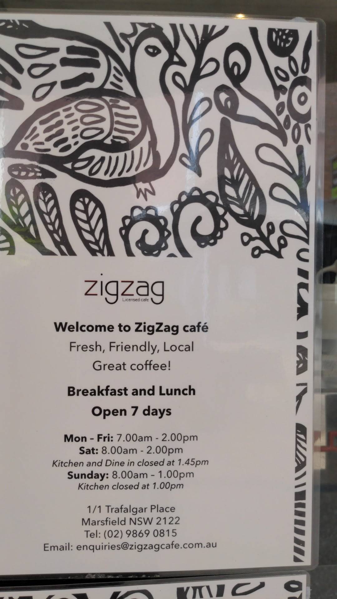 Menu at Zig Zag Licensed Cafe, Marsfield