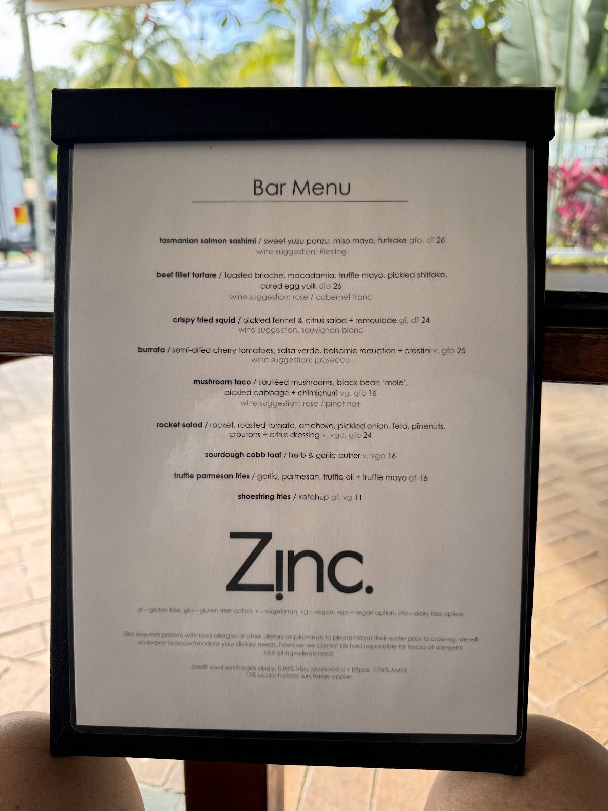 Menu at Zinc Port Douglas restaurant, Port Douglas, Portico 3