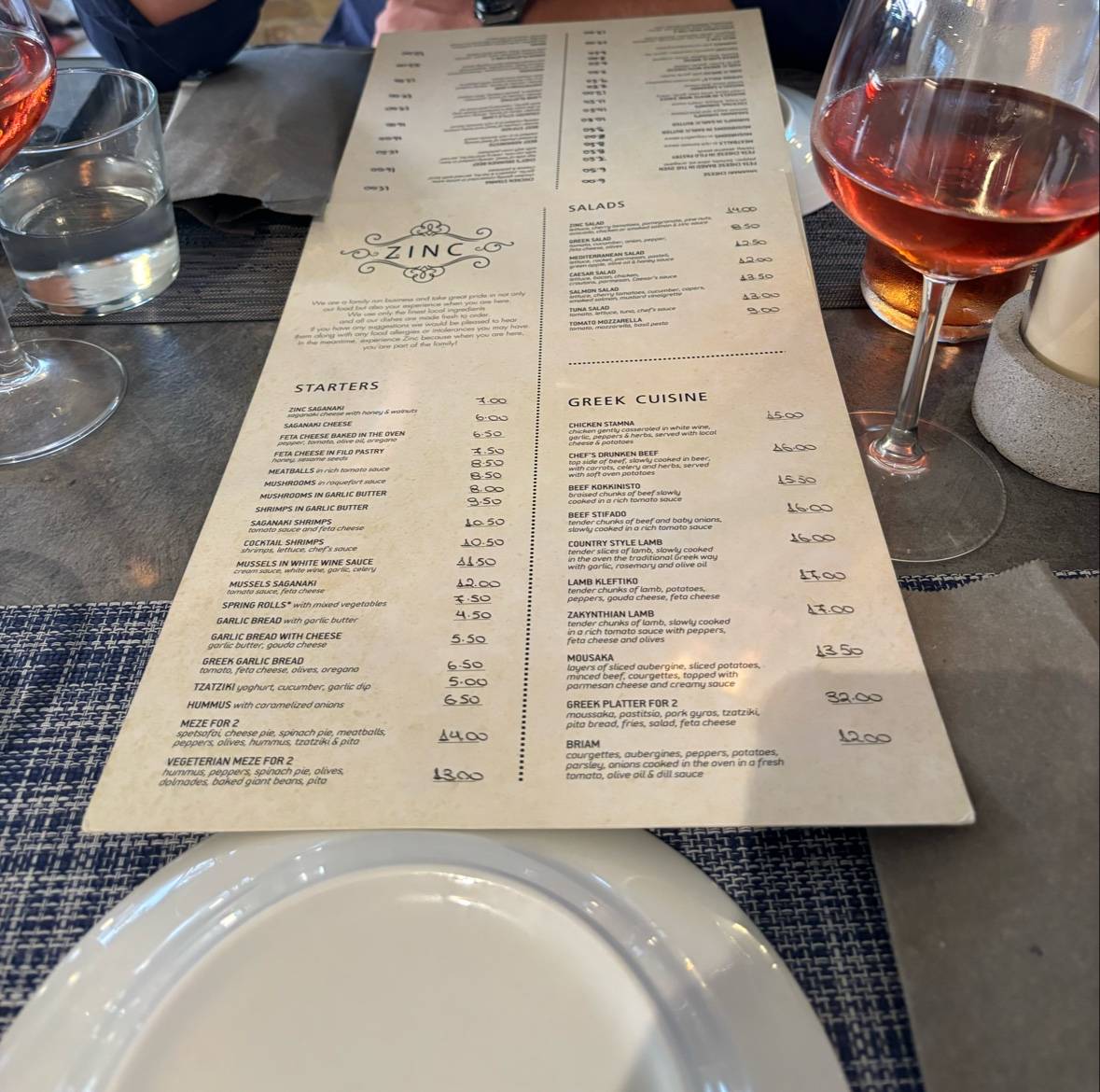 Menu at Zinc Restaurant & Bar, Zakinthos