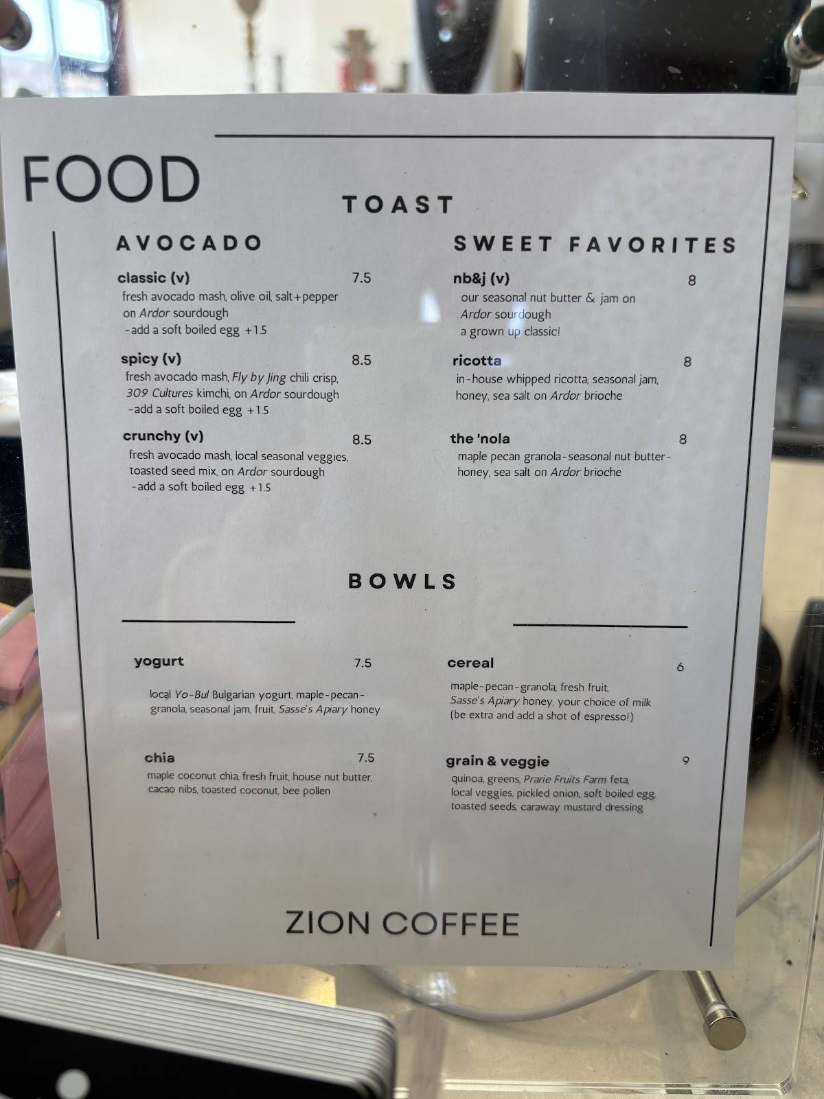 Menu at Zion Coffee Bar, Peoria