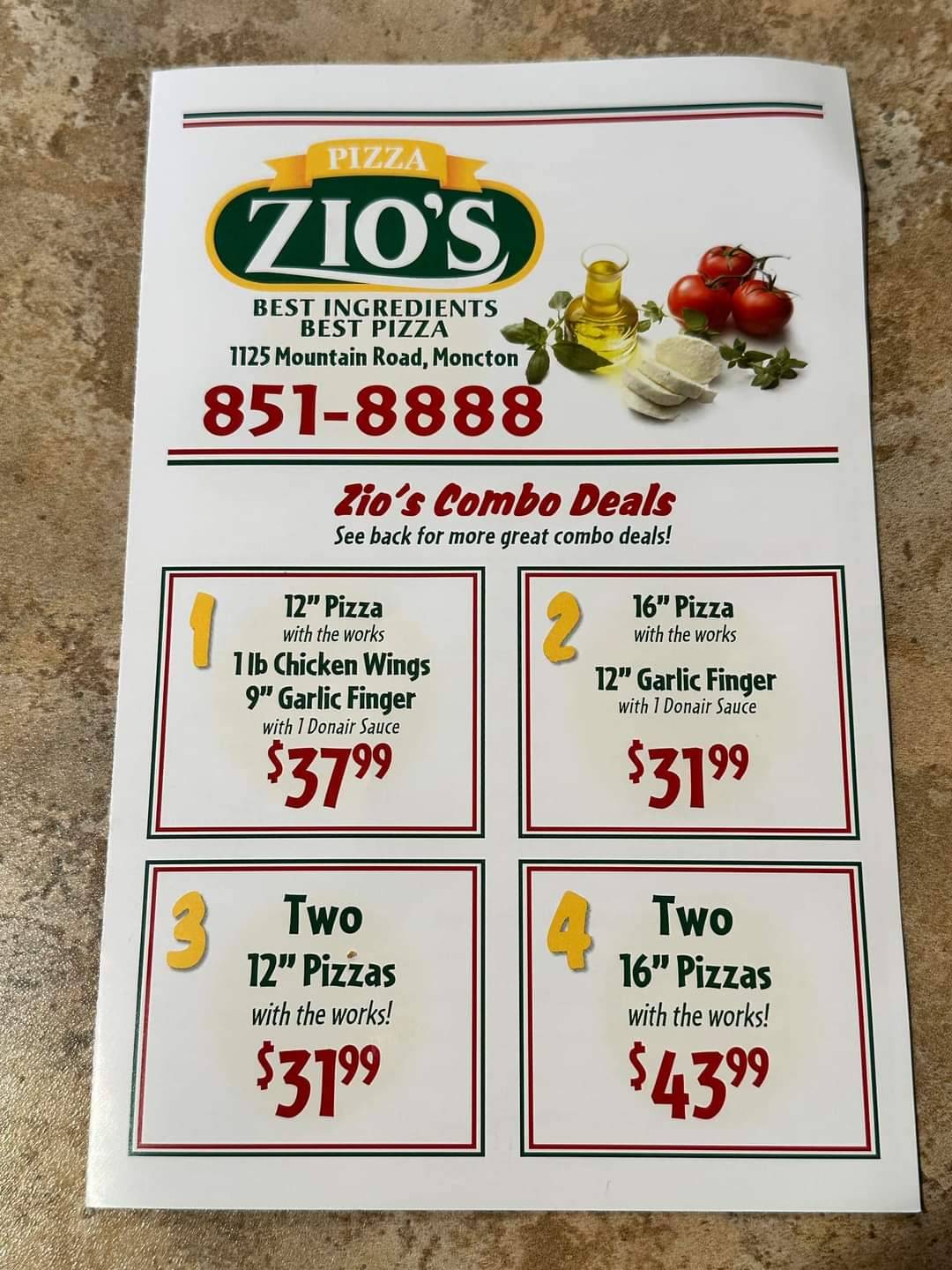 Menu at Zio's restaurant, Moncton