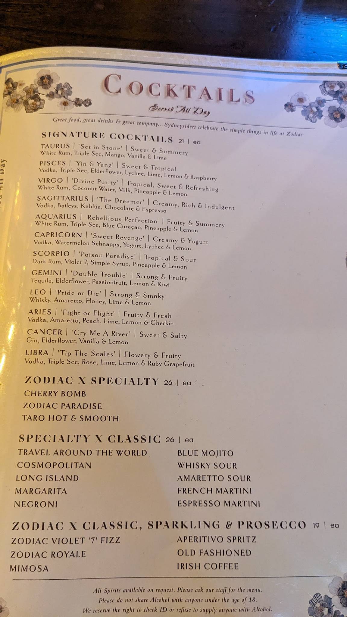 Zodiac restaurant menu 60 photos - Astrologytoyou.com