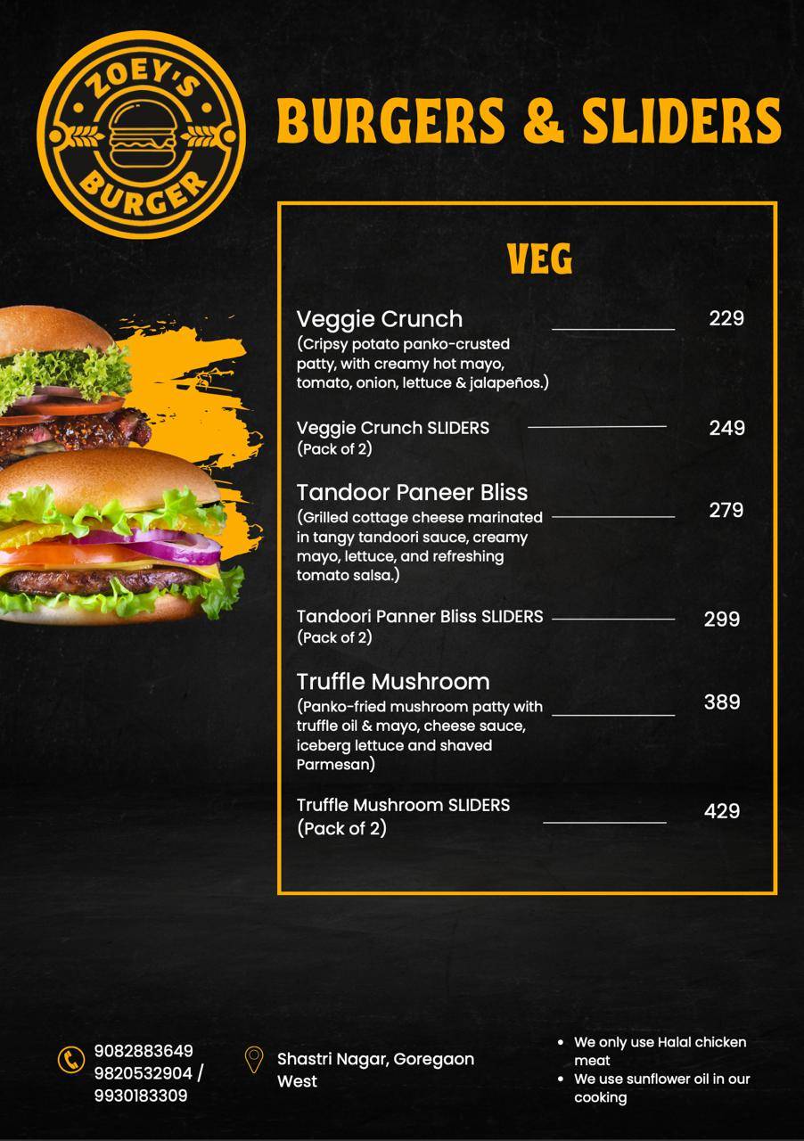 Menu at Zoey’s Burger, Mumbai