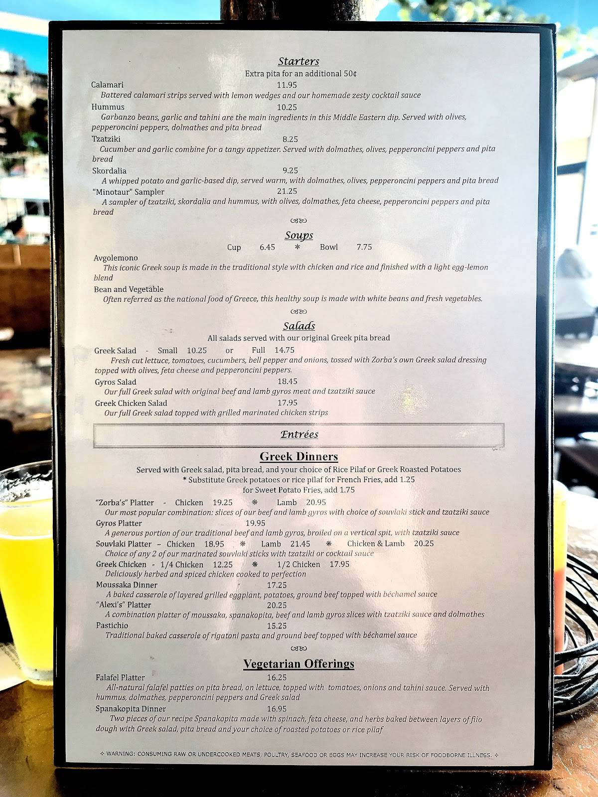 Menu at Zorba's Fine Greek Cuisine restaurant, Albuquerque