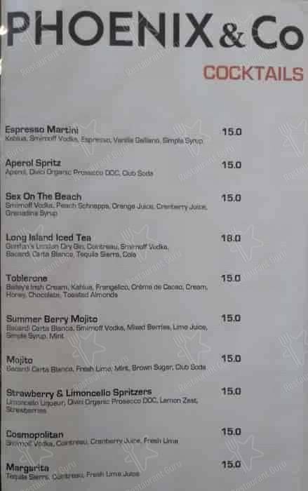 Menu at Phoenix and Co restaurant, Plenty