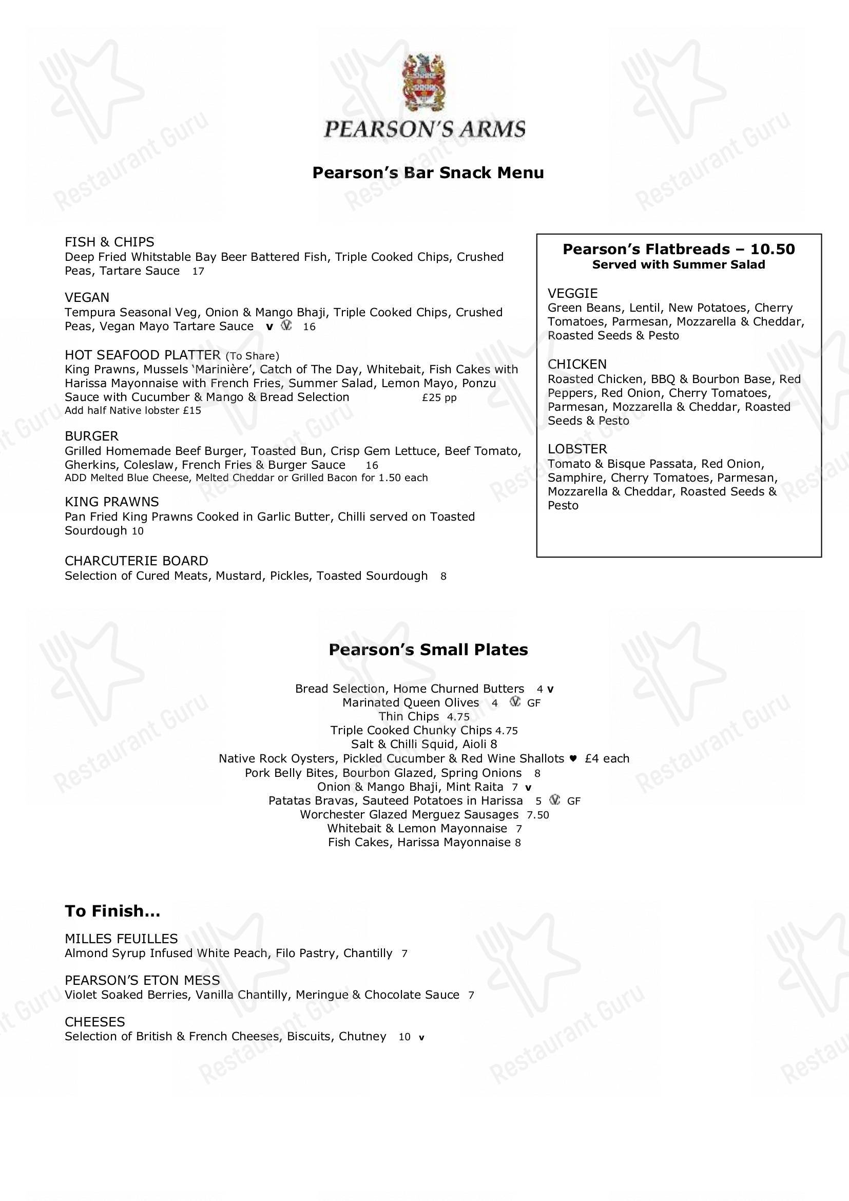 Menu at The Pearsons Arms pub & bar, Whitstable, Horsebridge Rd