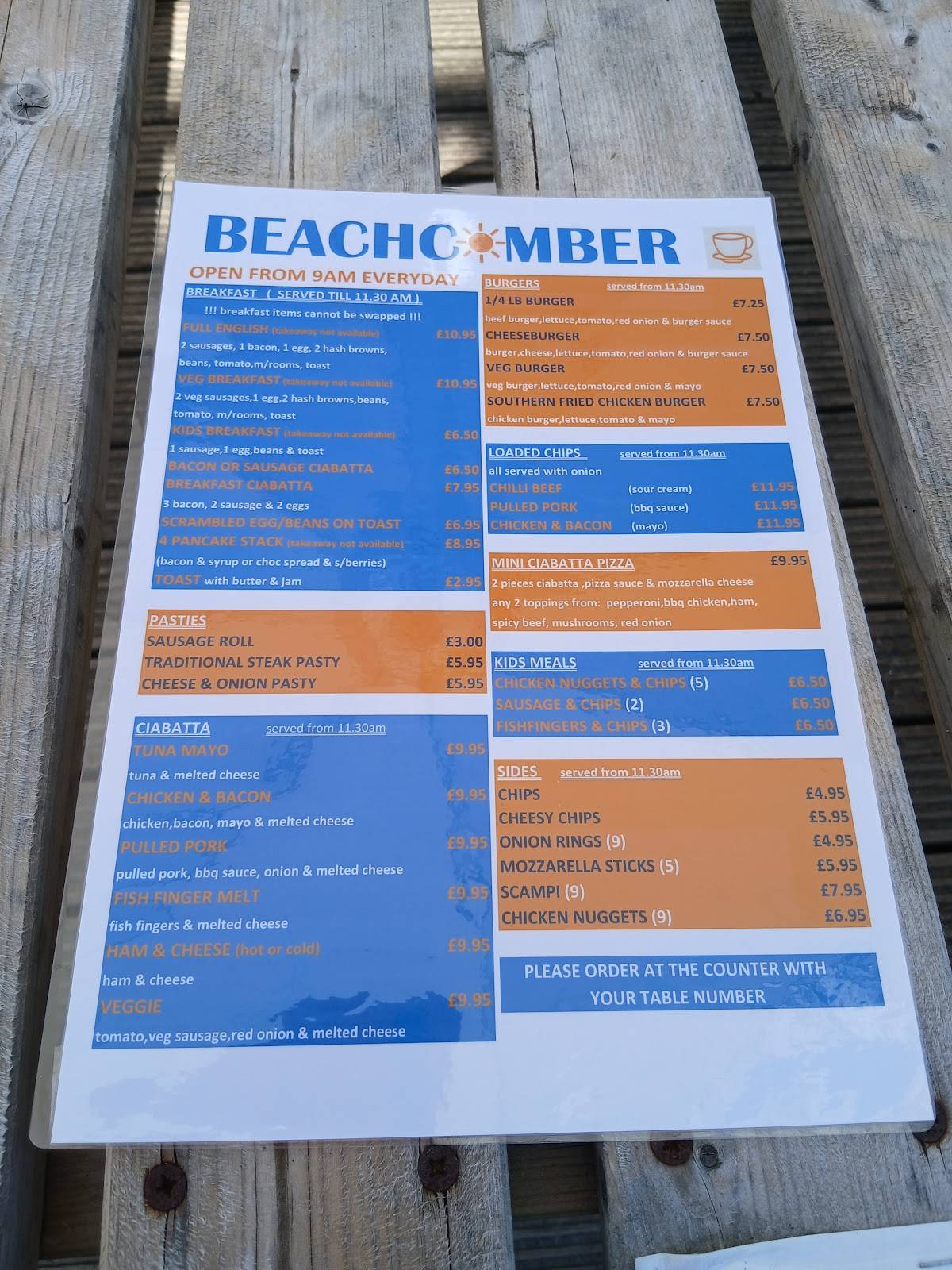 Menu at beachcomber cafe, Newquay