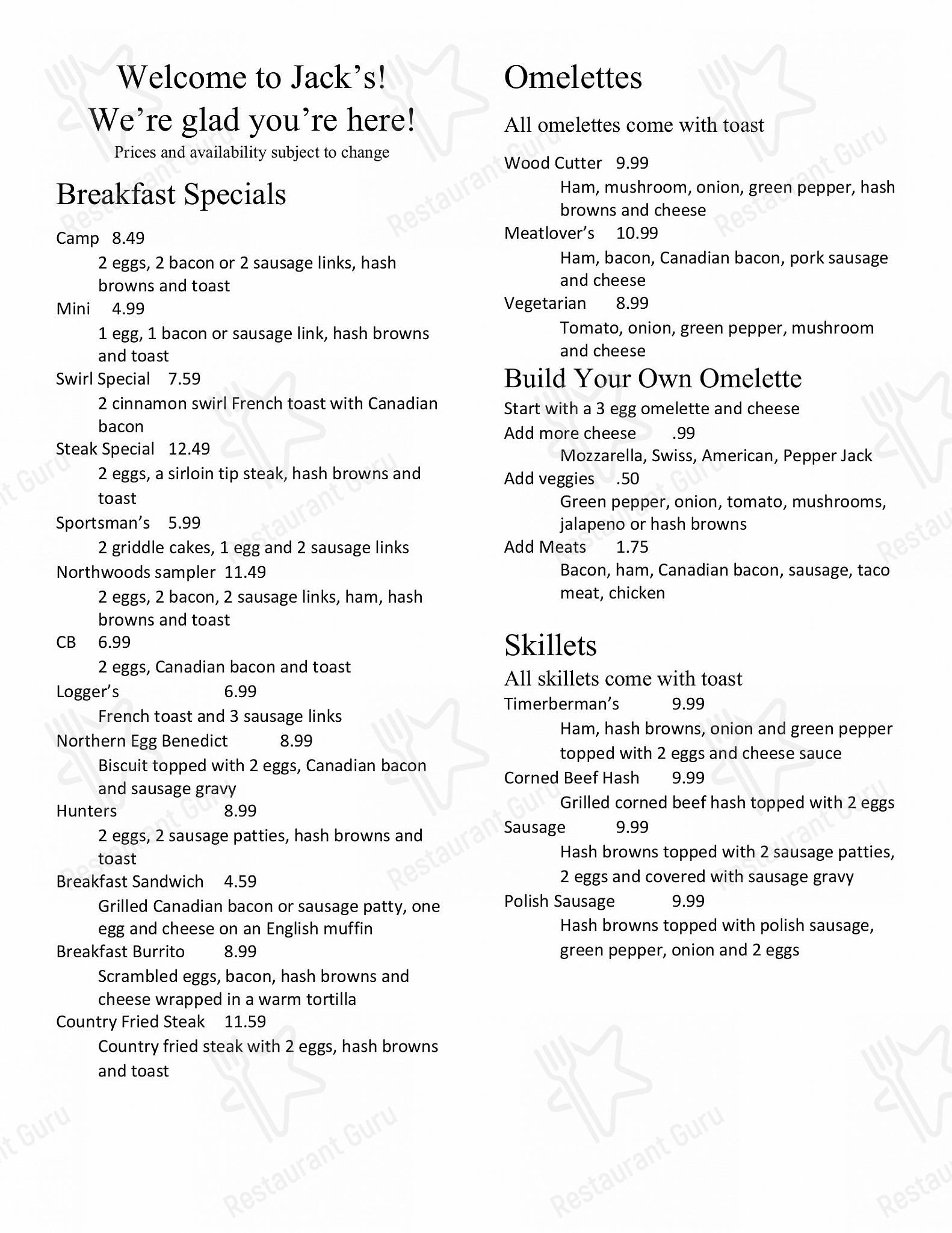 Menu at Jack's restaurant, Rapid River