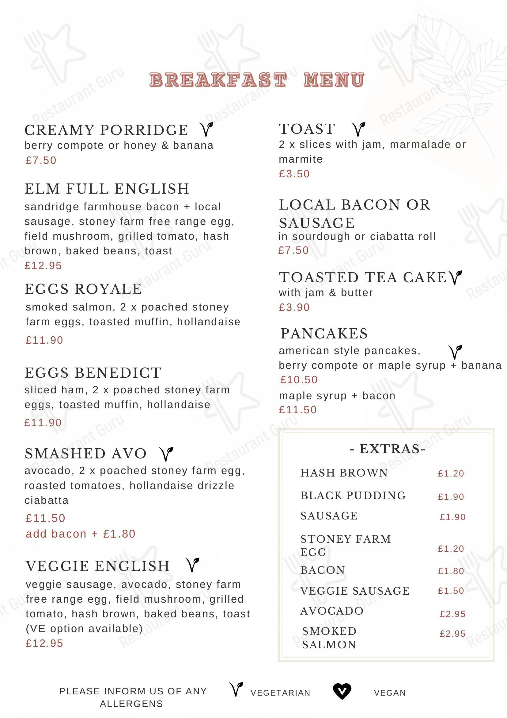 Menu at The Elms restaurant, Sherborne