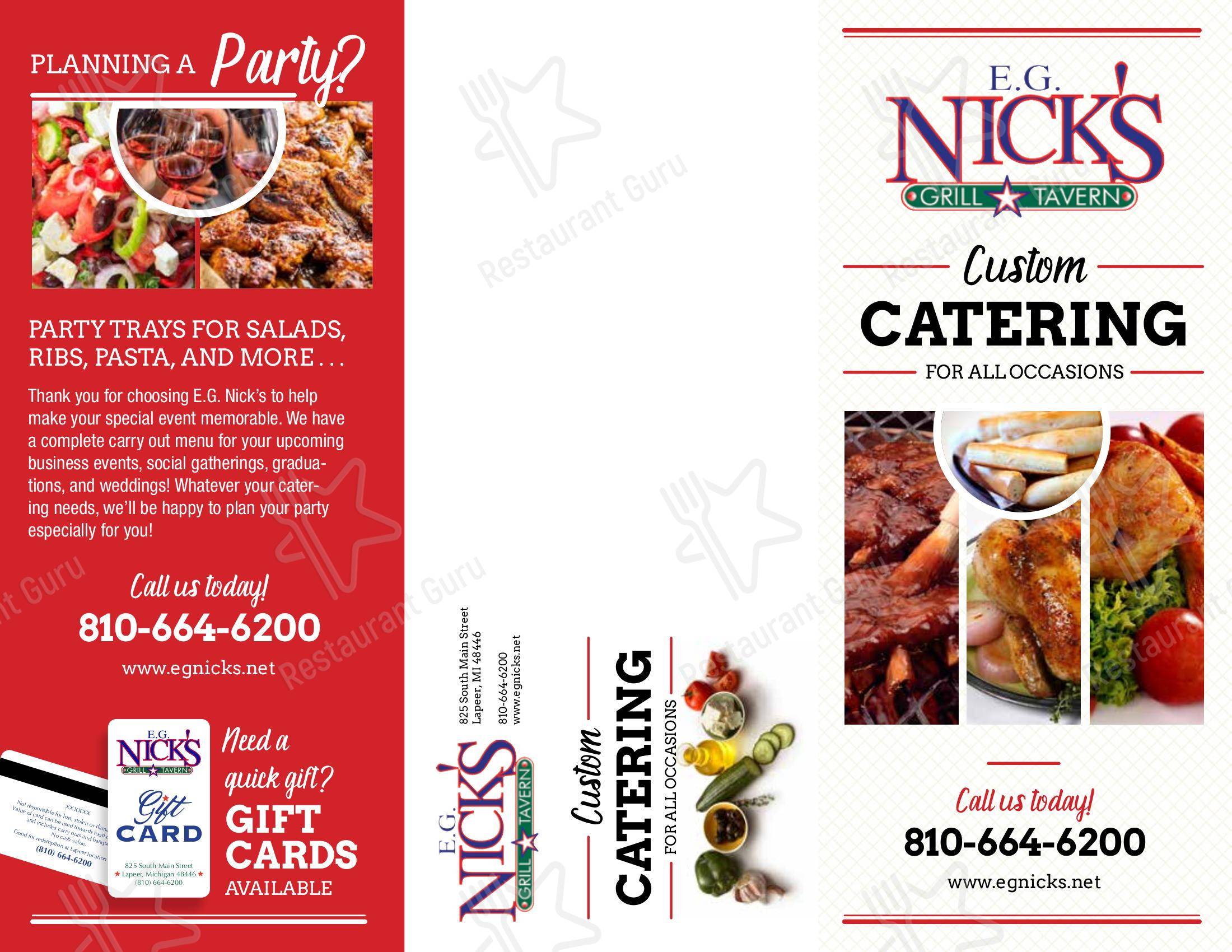 Menu at E.G. Nicks Grill & Tavern pub & bar, Lapeer