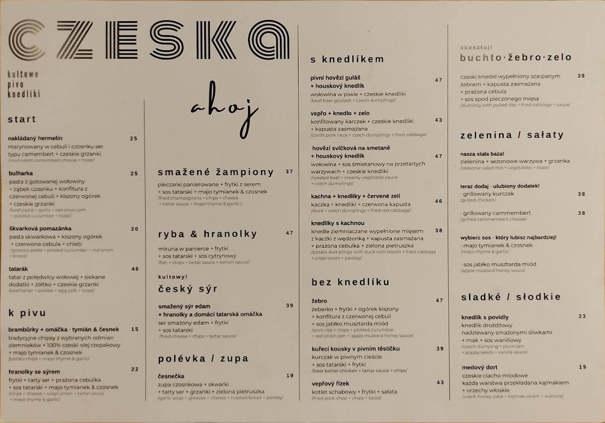 Menu at czeska • pivo i knedliki restaurant, Gliwice