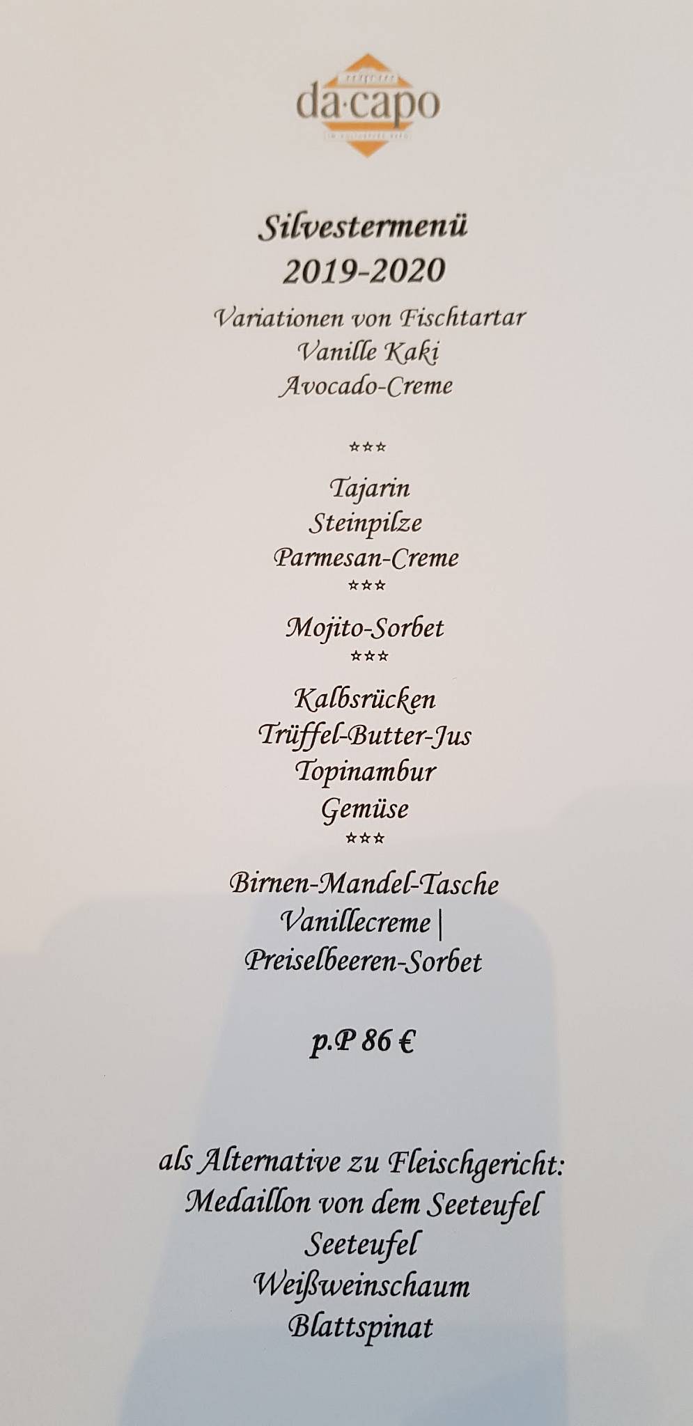 Menu at da capo restaurant, Stuttgart