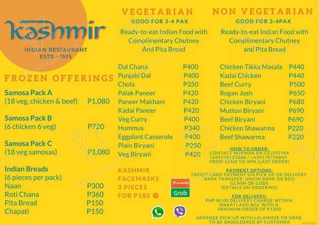 Menu at Kashmir restaurant, Makati, 816 Antonio Arnaiz Ave