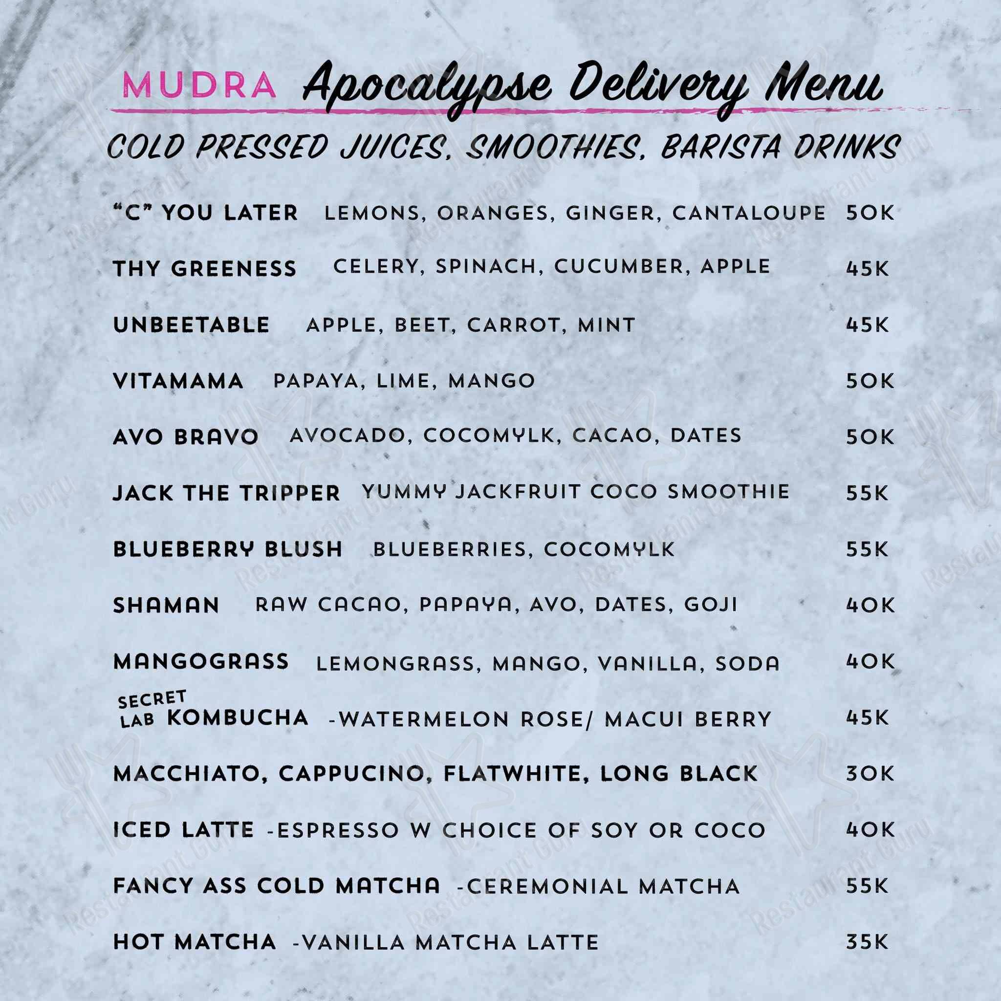 Menu at Mudra Cafe, Ubud